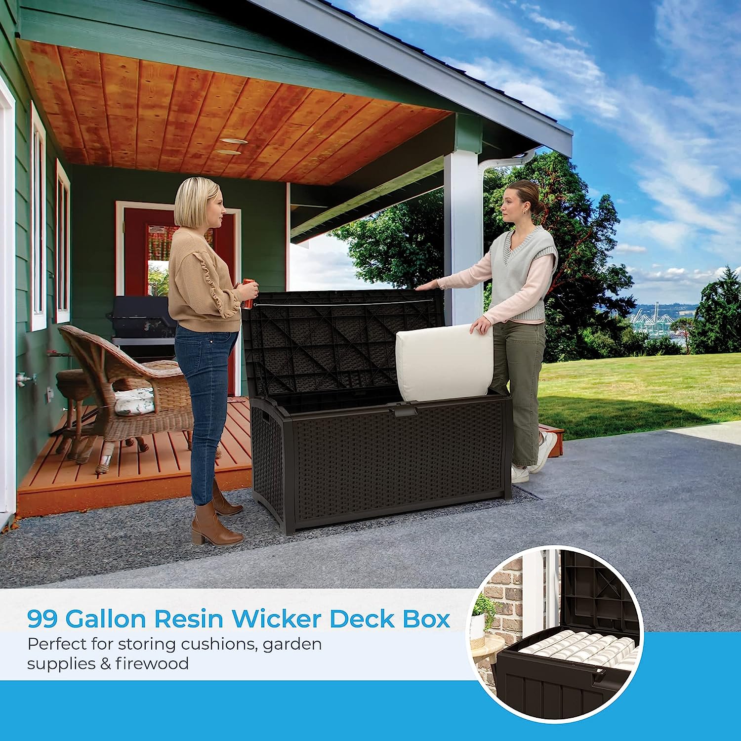 [Open Box] Suncast Mocha Wicker Resin Storage Container- 99 Gallon for ...