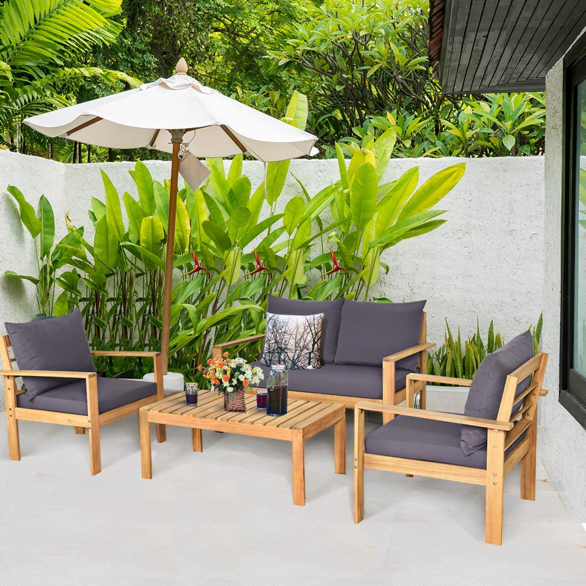 [Open Box] Tangkula 4-Seater Teak Finish Outdoor Chat Set with Water ...
