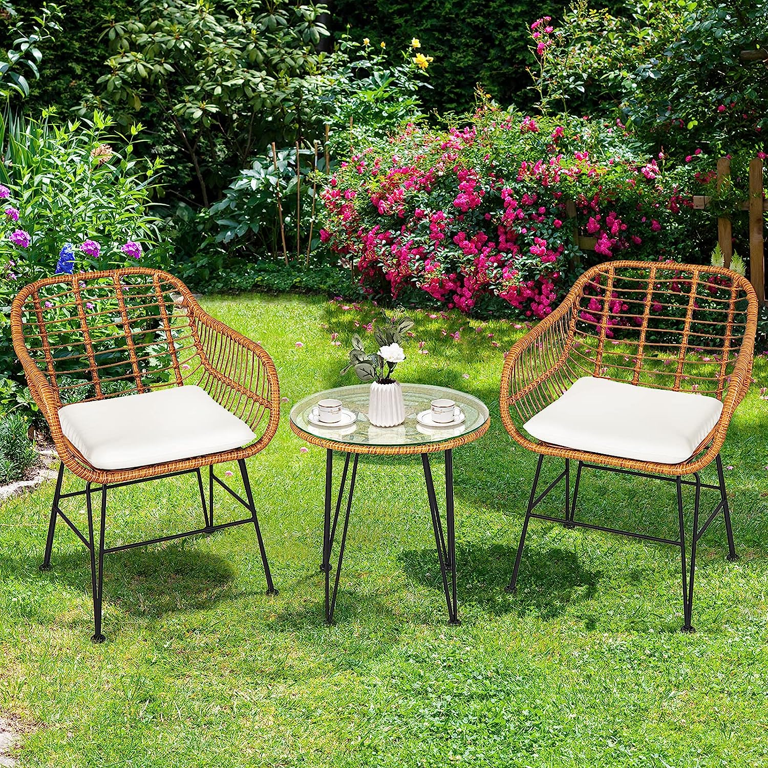 [Open Box] Tangkula Blissful White Rattan Bistro Set: 2 Armchairs ...