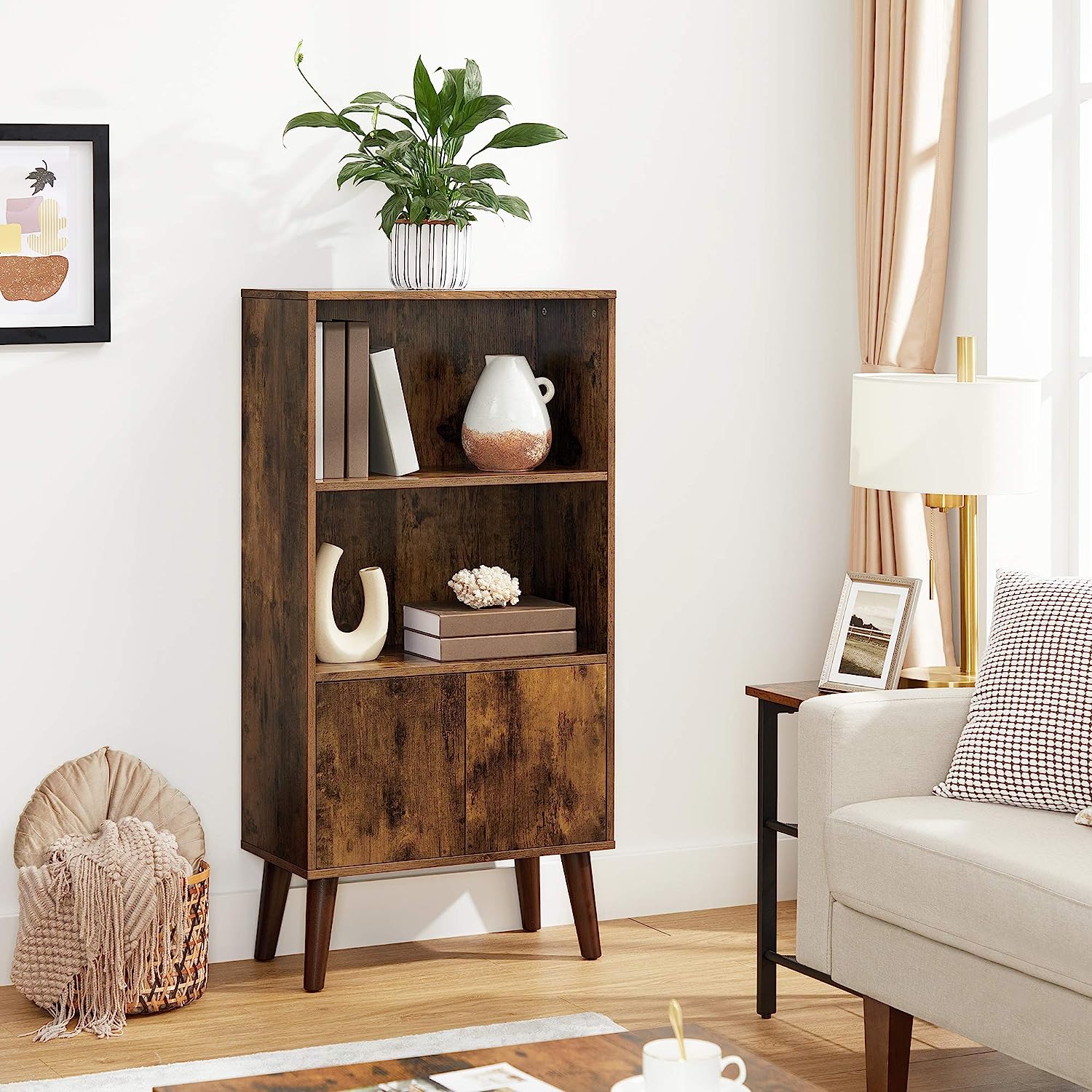 [Open Box] VASAGLE Mid-Century 2-Tier Bookcase with Doors – Rustic ...