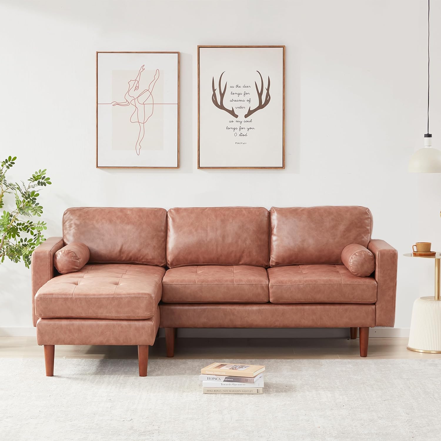 [Open Box] Tbfit Mid-Century Modern Faux Leather Convertible Sectional ...