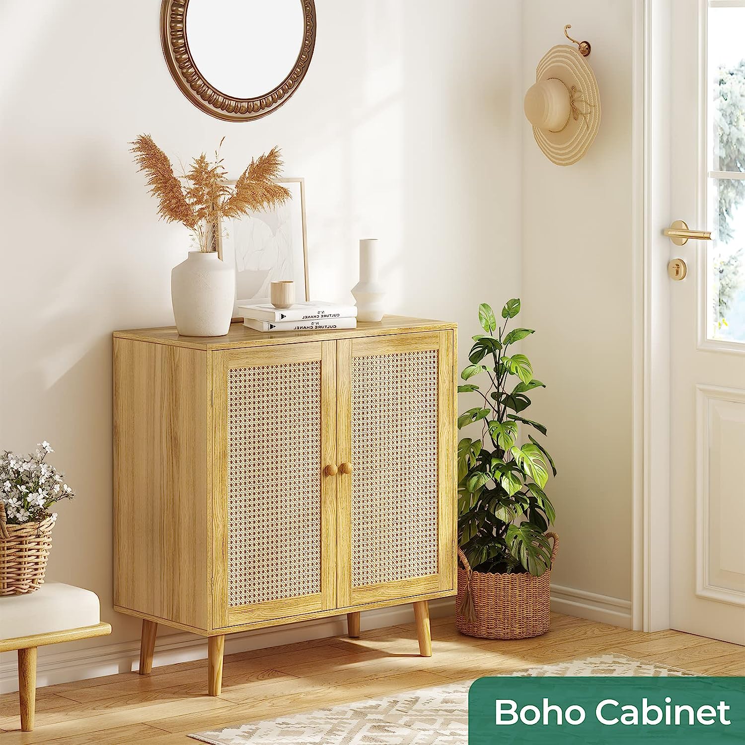 [Open Box] Huuger Natural Storage Sideboard Cabinet with PE Rattan ...